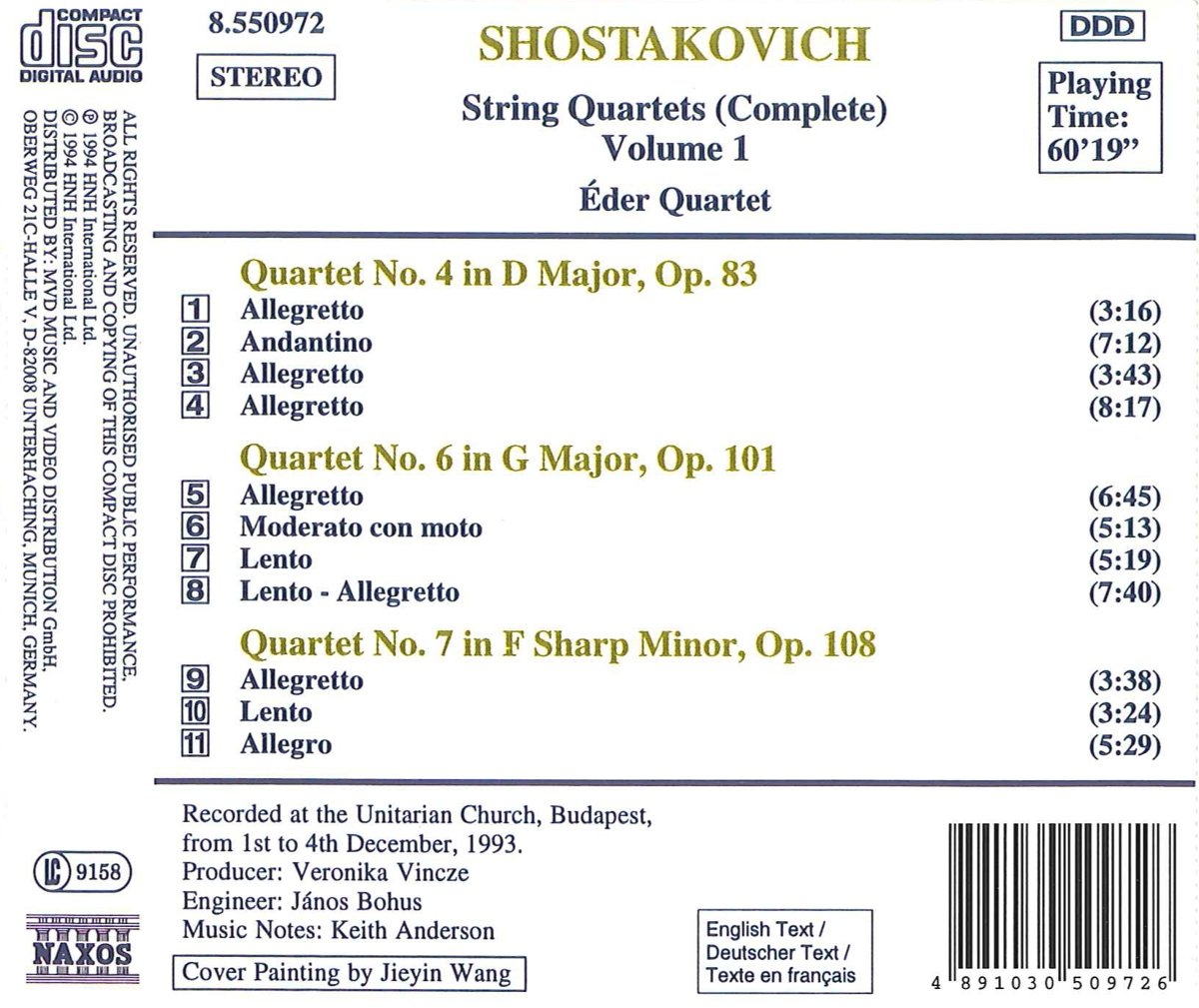 Dmitri Shostakovich, Eder Quartet: Shostakovich: String Quartets (Complete) Volume 1 Nos. 4, 6 ...